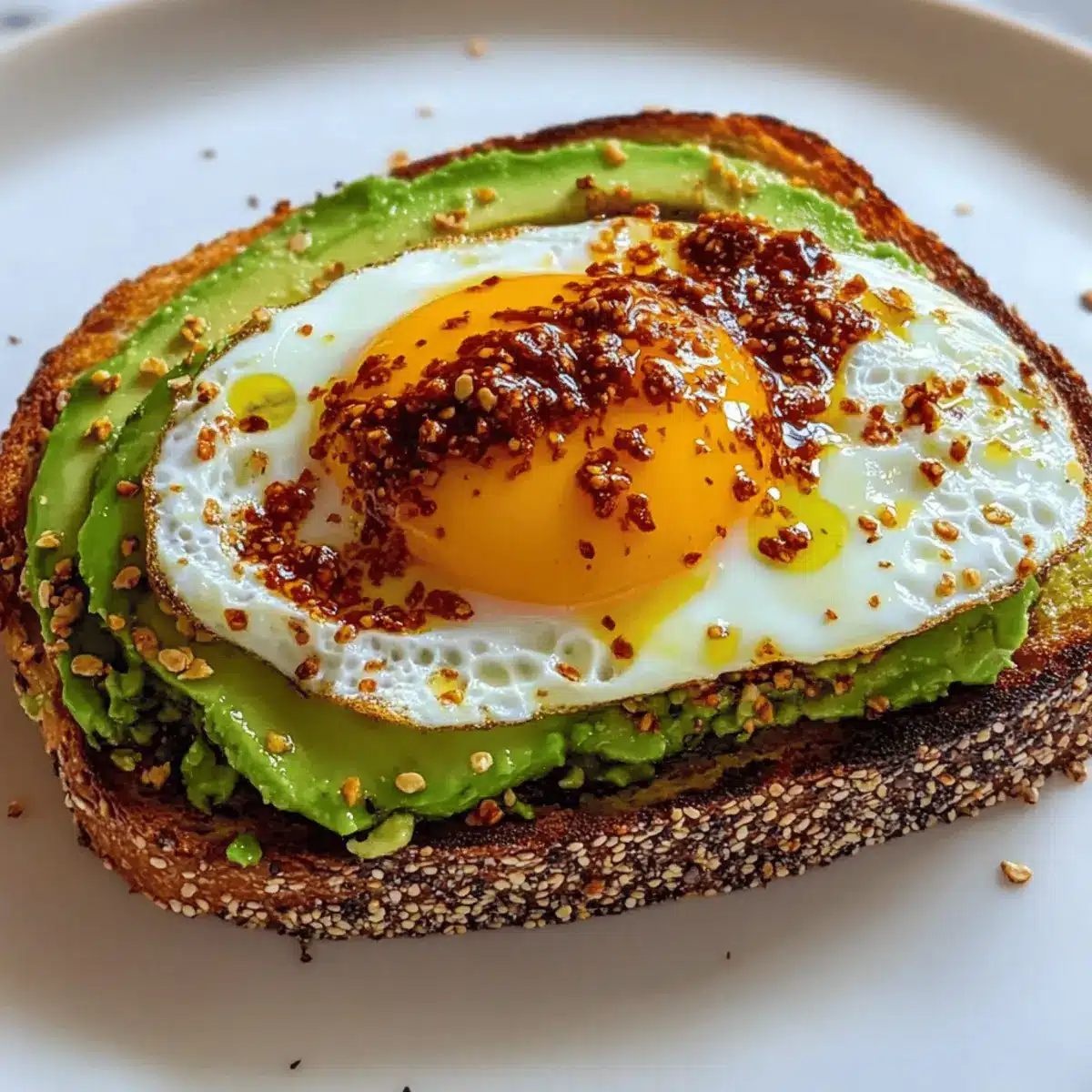 Easy Delicious Crispy Fried Egg Avocado Toast with Chili Crunch